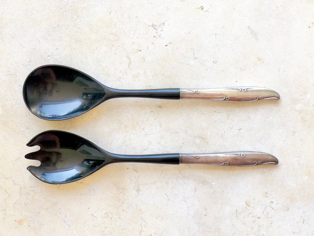Vintage Oneida MCM Sterling Silver and Black 2-tone Salad Serving ...