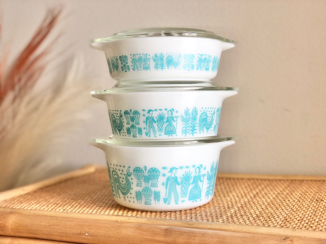 Set of 3 Vintage Pyrex Turquoise Amish Butterprint Round Casserole ...