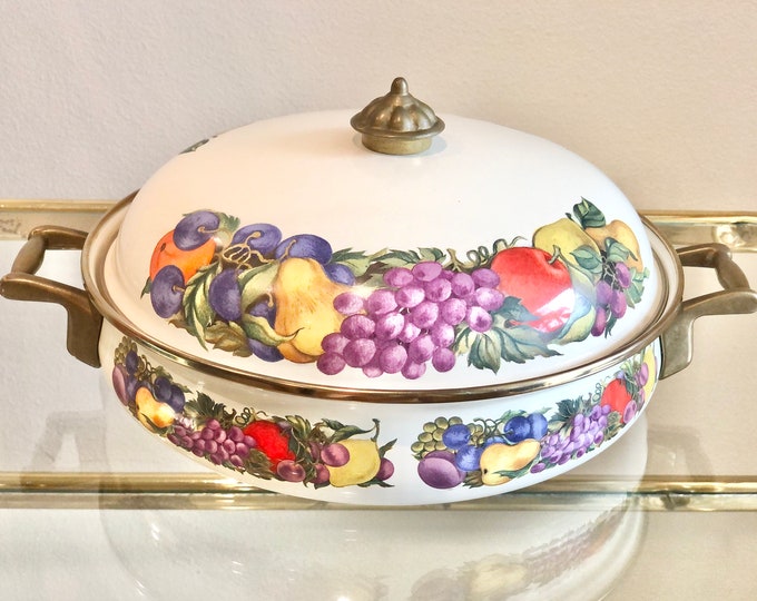 Vintage Enamel Cooking Pot W/ Lid LINCOWARE Beige Enamel Brass Fruit ...
