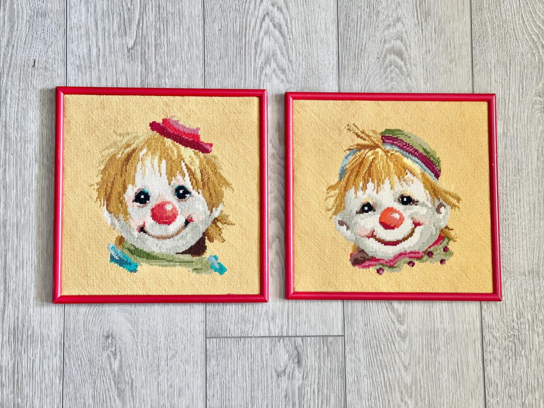Vintage Framed Needlepoint Clown Art: 70s Kitsch Decor, Pair - Etsy