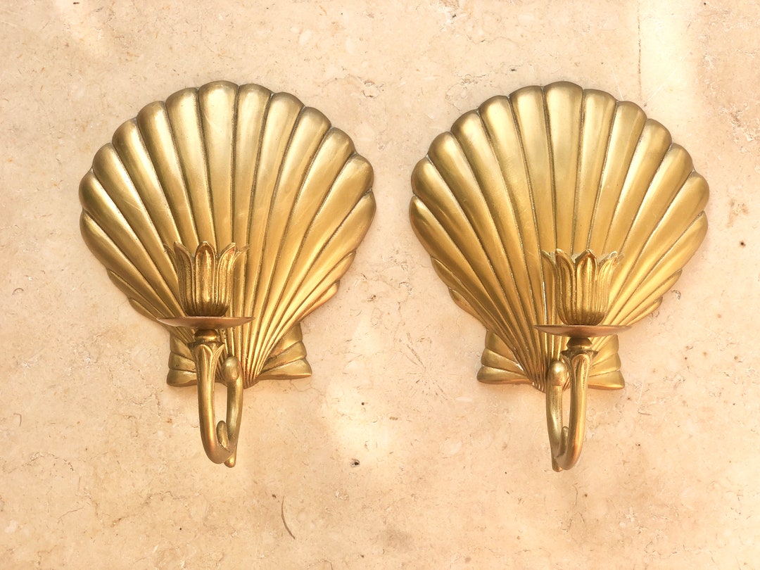 Vintage Brass Seashell Shell Wall Sconces Candle Holders Candleholders ...