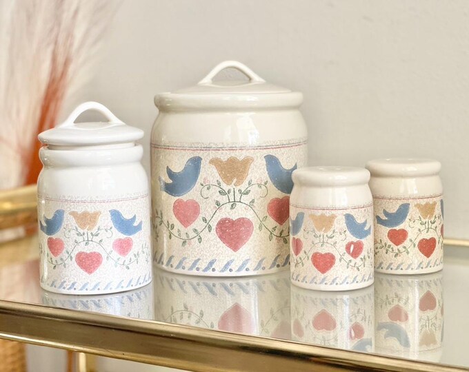 Set of Vintage Stoneware Hearts & Birds Cottagecore | Cookie Jar ...