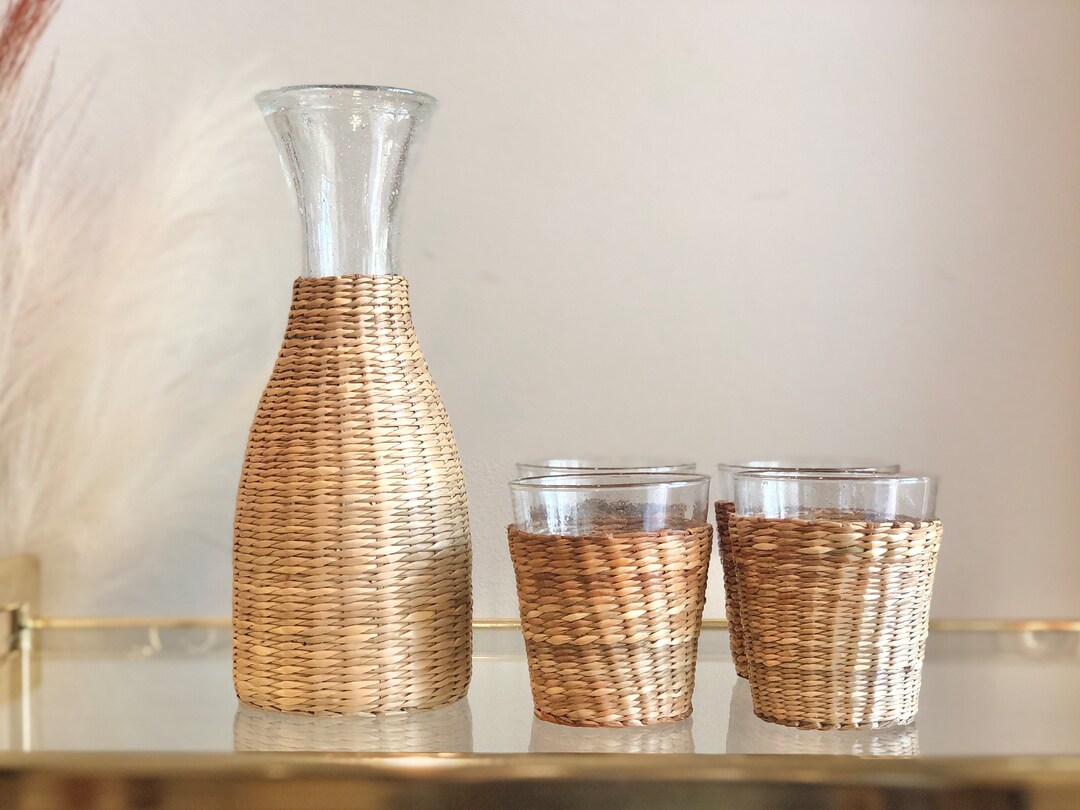 Vintage Wicker Woven Rattan & Glass Carafe Pitcher and Set of 4 ...