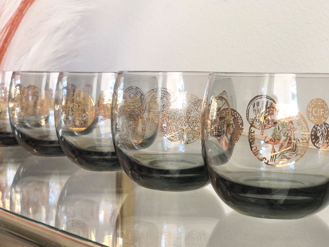 Set of 6 MCM Smoked Glass Gold Coin Greek Roly Poly Lowball Glasses ...