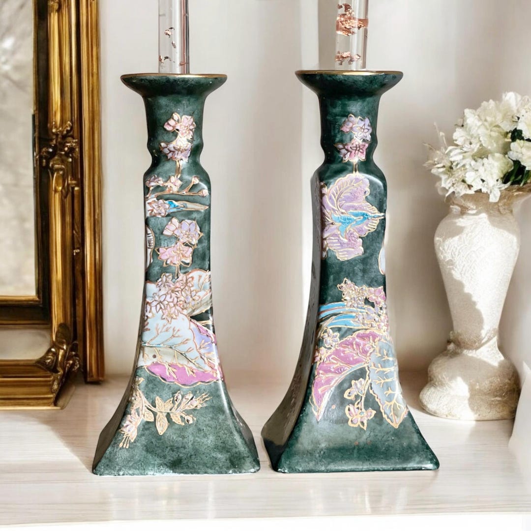 Vintage Ceramic Chinoiserie Floral Candlestick Holders Hollywood ...
