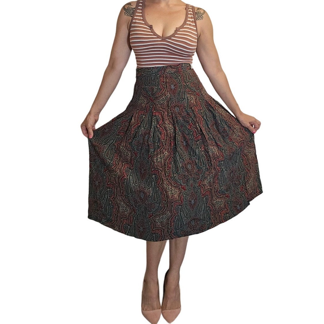 Womens Vtg 90s Green Dark Red Paisley Secretary Geek Nerdcore Midi ...