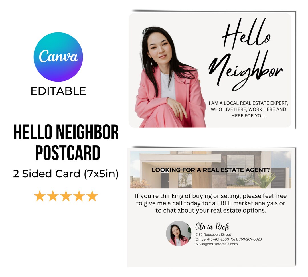 Hello Neighbor Real Estate Postcard, Realtor Marketing (canva Template ...