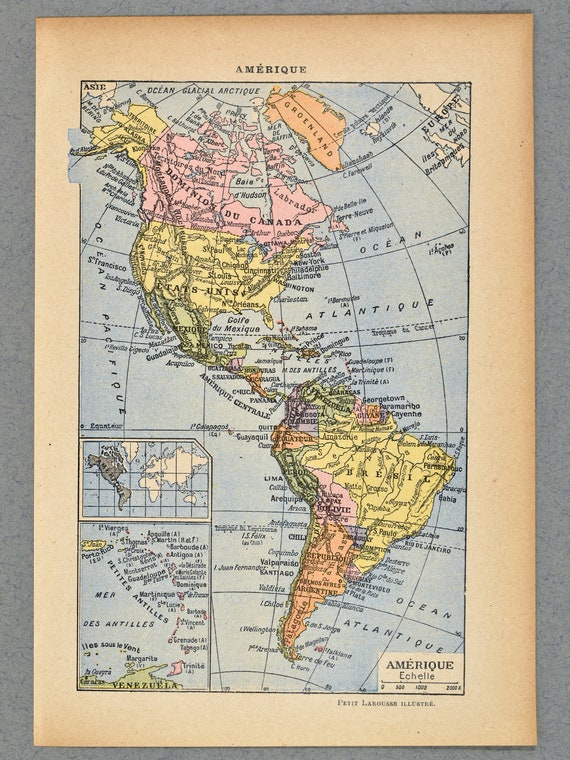 1928 Vintage Map of Americas Print Original French Engraving - Etsy
