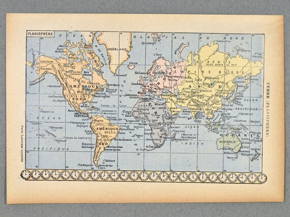 1928 Vintage Map of the World Print Original French - Etsy