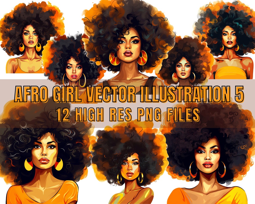 12 Afro Girl Vector Illustration 5 PNG Bundle, Afro Girl Png, Black ...