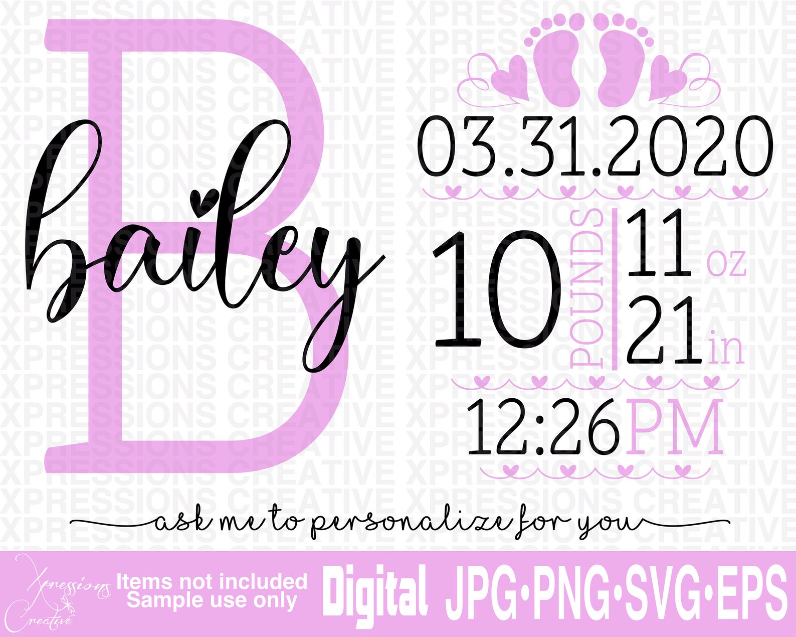 Birth Stats Girl Svg, Birth Stats Svg, Elephant Ear Birth Stats, Gift ...