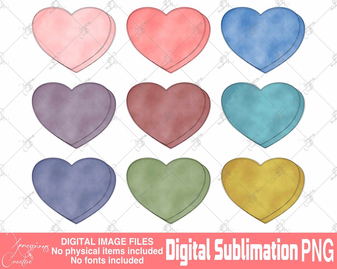 Watercolor Hearts PNG, Valentine Hearts Sublimation, Candy Hearts PNG ...