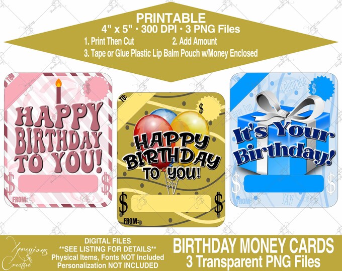Printable Kids Birthday Money Cards Png Bundle, Birthday Money Card Png ...