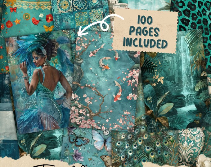Teal Frame Background Digital Paper Pack, Junk Journal Pages ...
