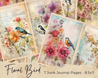 Vintage Bird Junk Journal Pages, Digital Floral Scrapbook Paper Kit ...