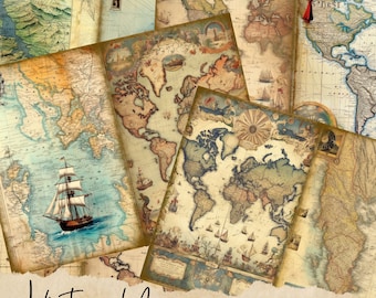 Vintage Map Junk Journal Pages, Printable Antique World Maps, Digital ...