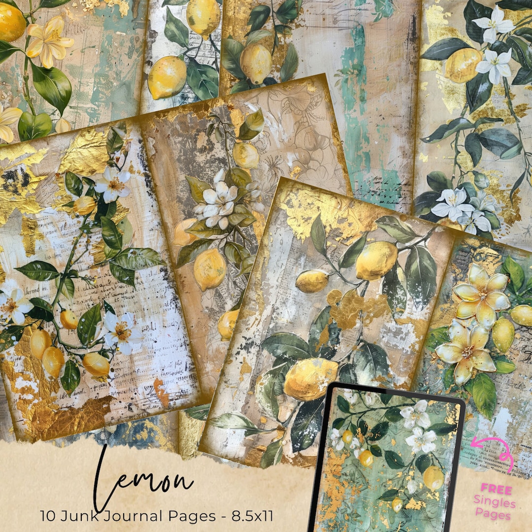 Lemon Junk Journal Pages, Digital Watercolor Scrapbook Paper, Printable ...