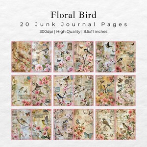 Vintage Bird Junk Journal Pages, Digital Floral Scrapbook Paper Kit ...