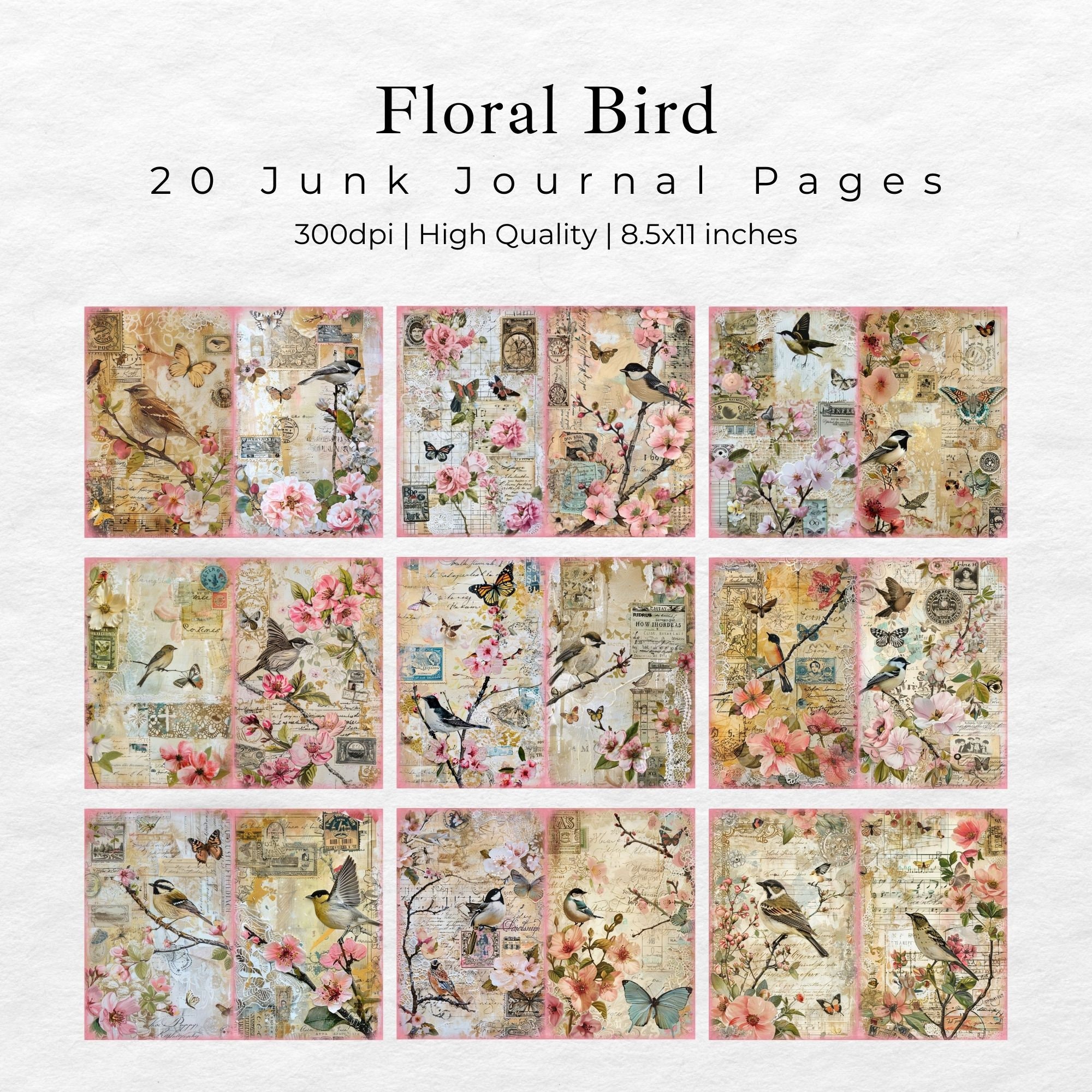 Vintage Bird Junk Journal Pages, Digital Floral Scrapbook Paper Kit ...