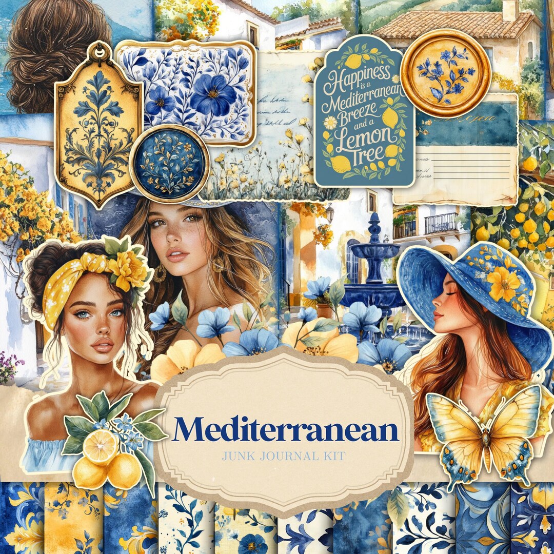 Mediterranean Summer Digital Junk Journal Background, Sea Collage ...