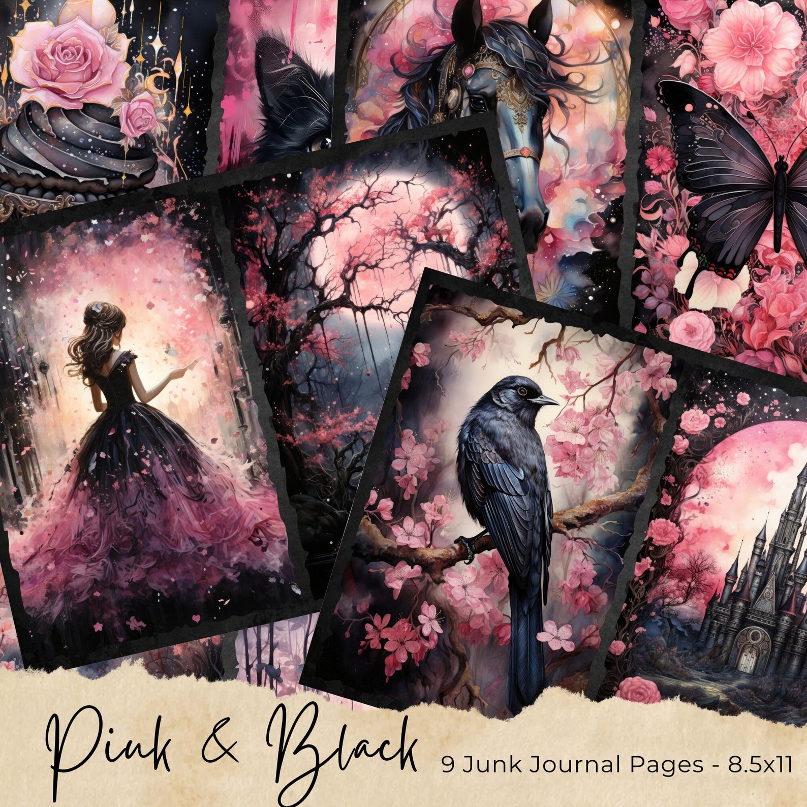 Pink and Black Junk Journal Paper, Digital Download, Watercolor, Mixed ...