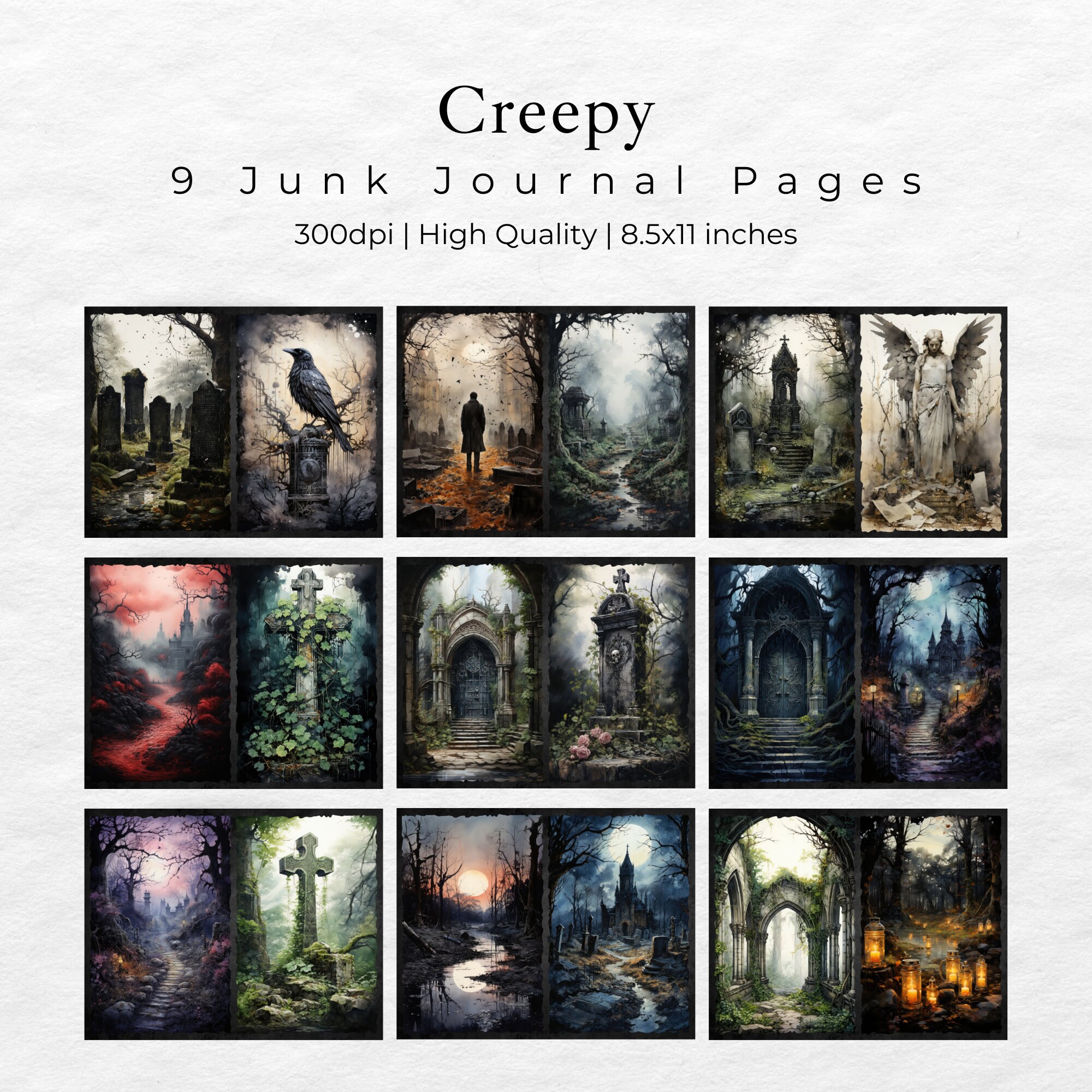 Creepy Graveyard Junk Journal Pages, Digital Scrapbook Paper Kit ...