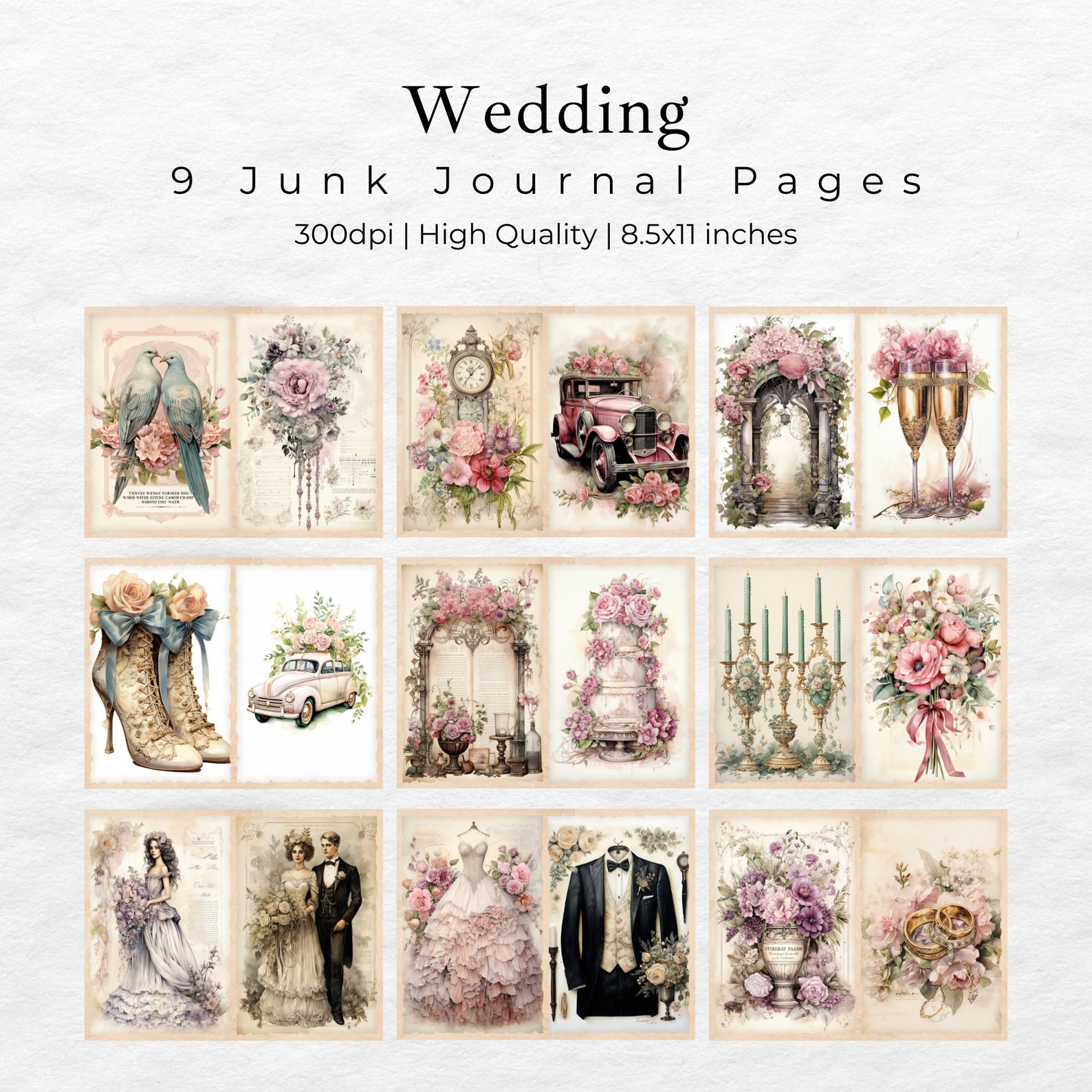 Vintage Wedding Junk Journal Pages, Digital Scrapbook Paper Kit, Bridal ...