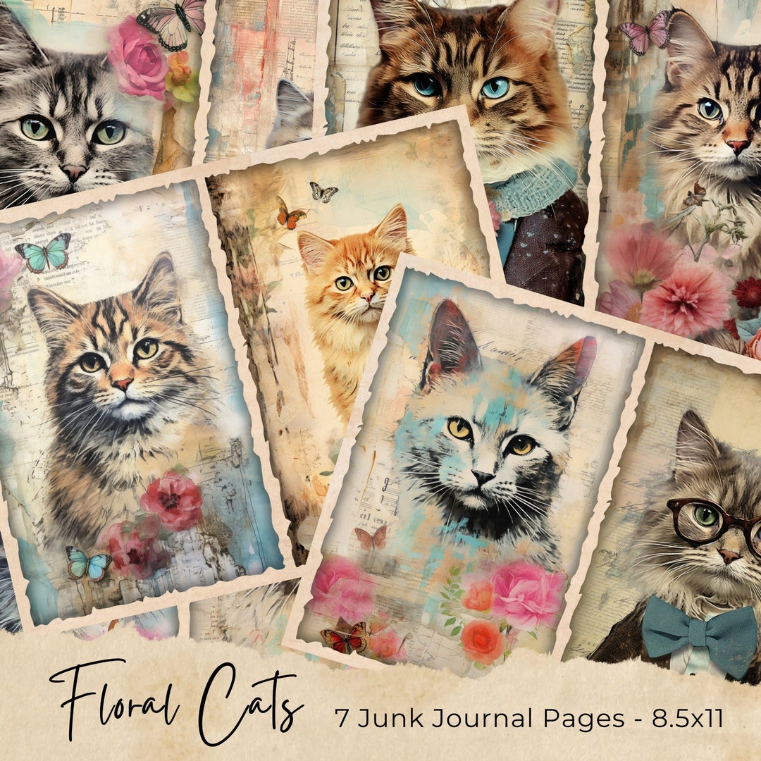 Watercolor Cat Junk Journal Printable Page, Kitten With Flowers Junk ...