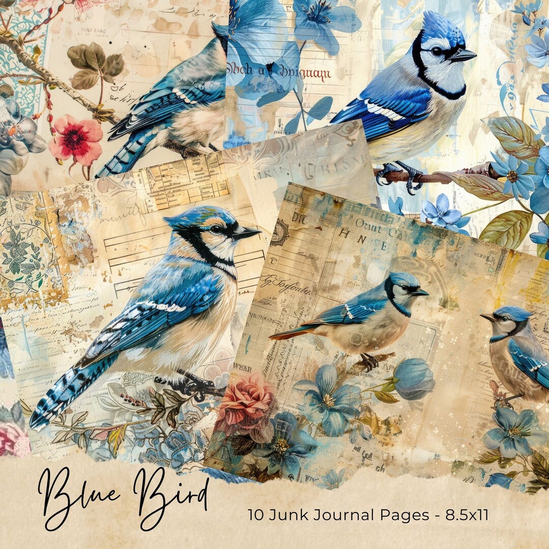 Blue Jay Birds and Flowers Junk Journal Kit Floral Vintage Ephemera ...