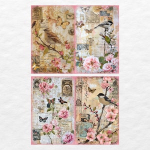 Vintage Bird Junk Journal Pages, Digital Floral Scrapbook Paper Kit ...