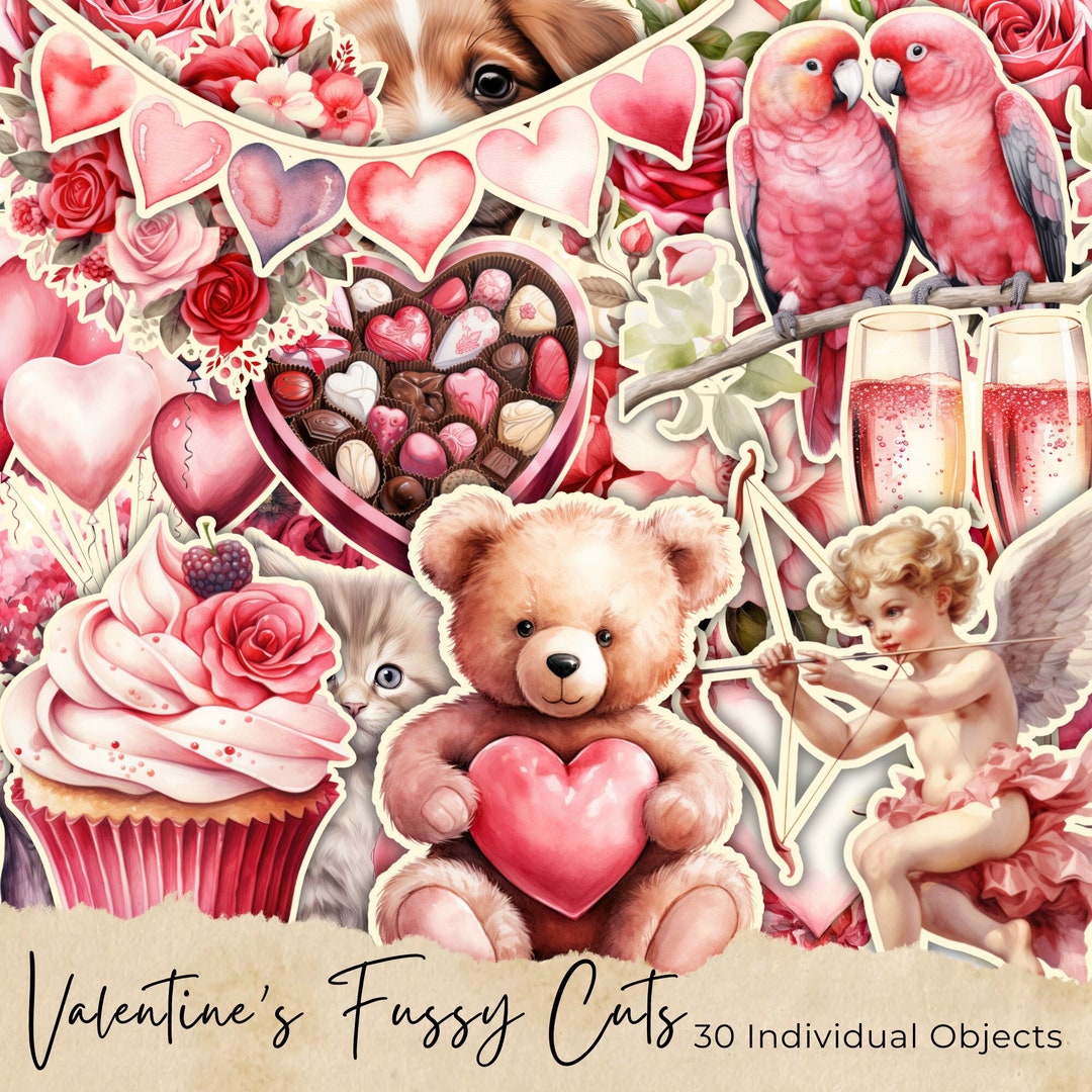 Valentines Day Fussy Cuts, Cute Pink Fussy Cuts, Junk Journaling ...