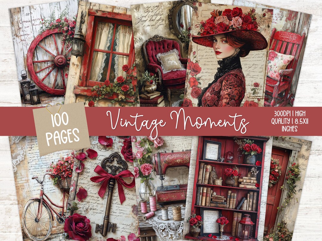 100 Red Vintage Pages for Scrapbook and Junk Journal, Digital Paper ...