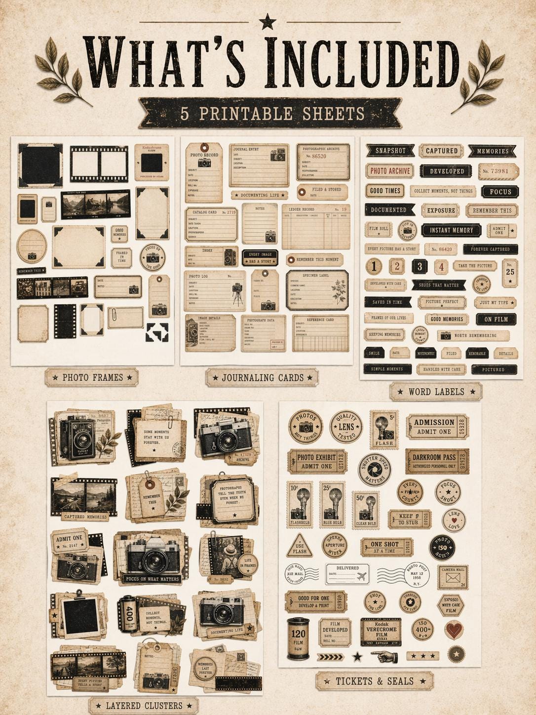 Vintage Photography Ephemera Bundle, Printable Camera Fussy Cuts, Junk ...