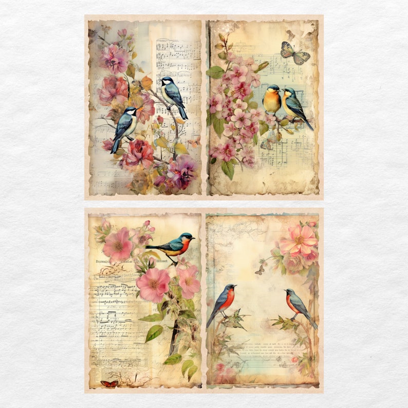 Vintage Bird Junk Journal Pages, Digital Floral Scrapbook Paper Kit ...