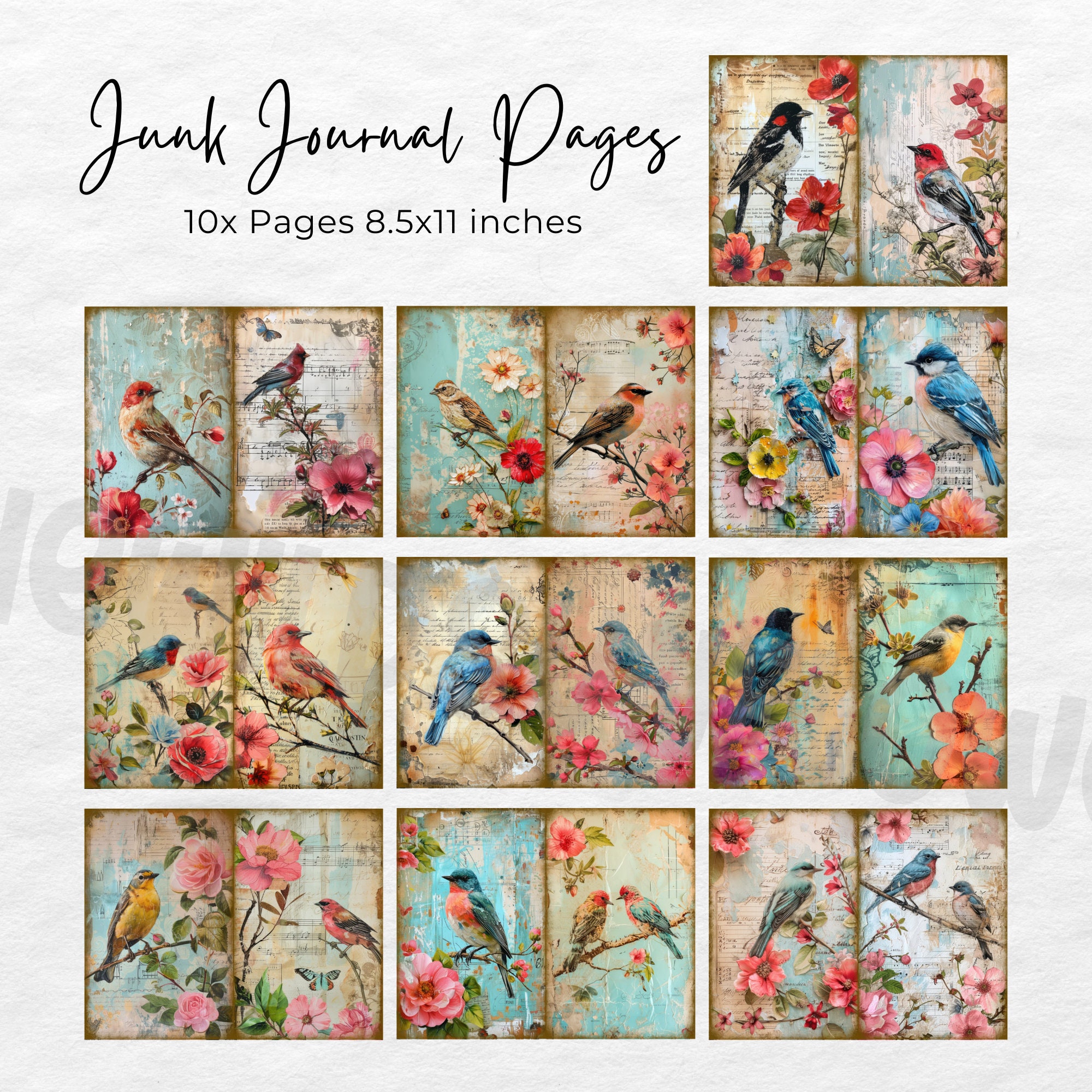 Vintage Bird Junk Journal Kit, Digital Floral Scrapbook Paper Kit ...