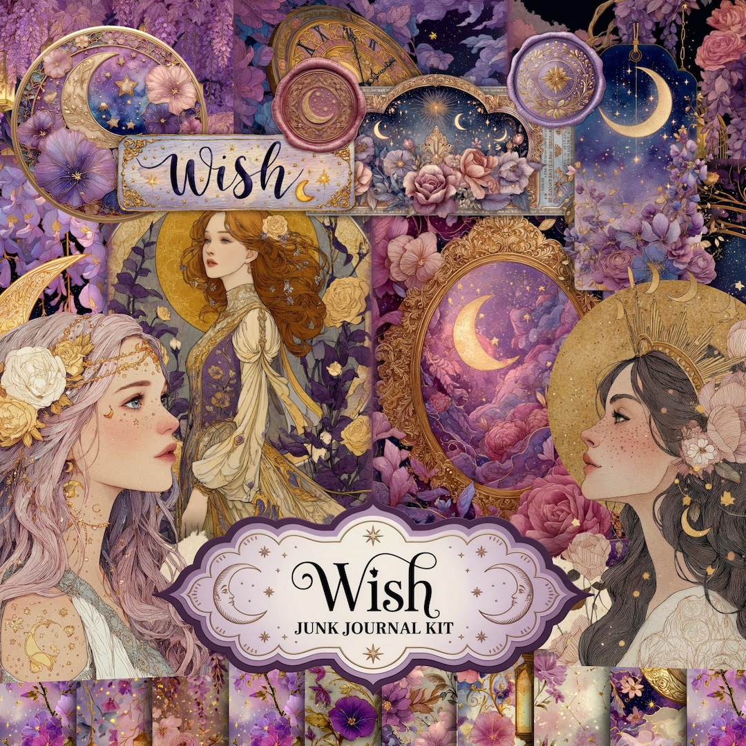 Wish Junk Journal Kit, Celestial Purple Fantasy Journal Pages, Moon ...