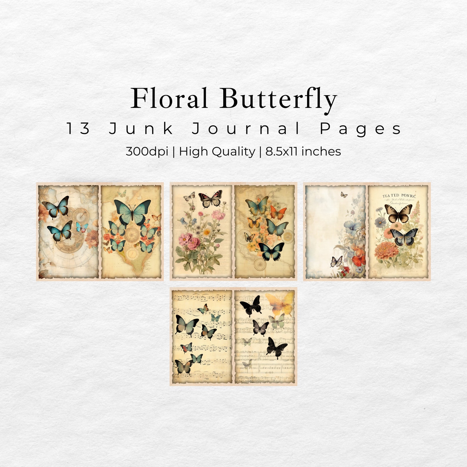 Watercolor Butterfly Junk Journal Pages, Vintage Butterfly Junk Journal ...