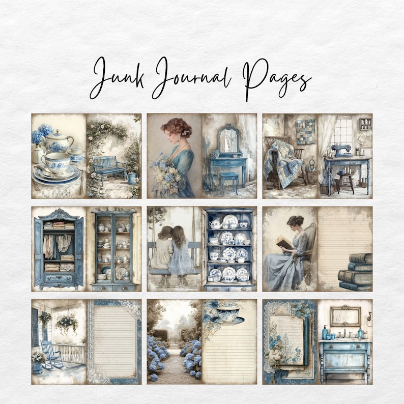 Blue Shabby Chic Junk Journal Kit, Vintage Digital Papers, French ...