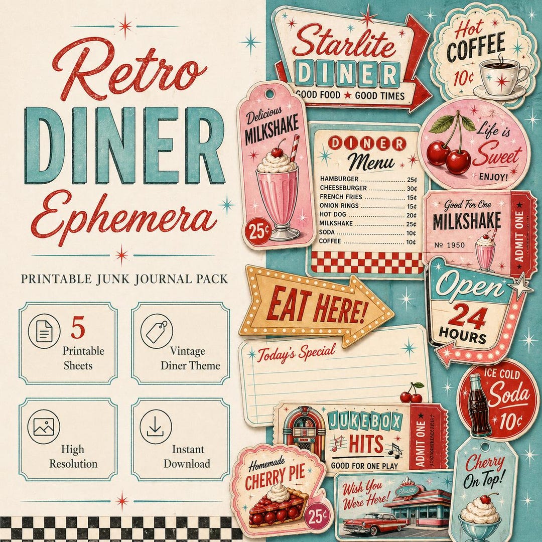 Retro Diner Ephemera Pack, Printable Junk Journal Kit, 1950s Café Tags ...