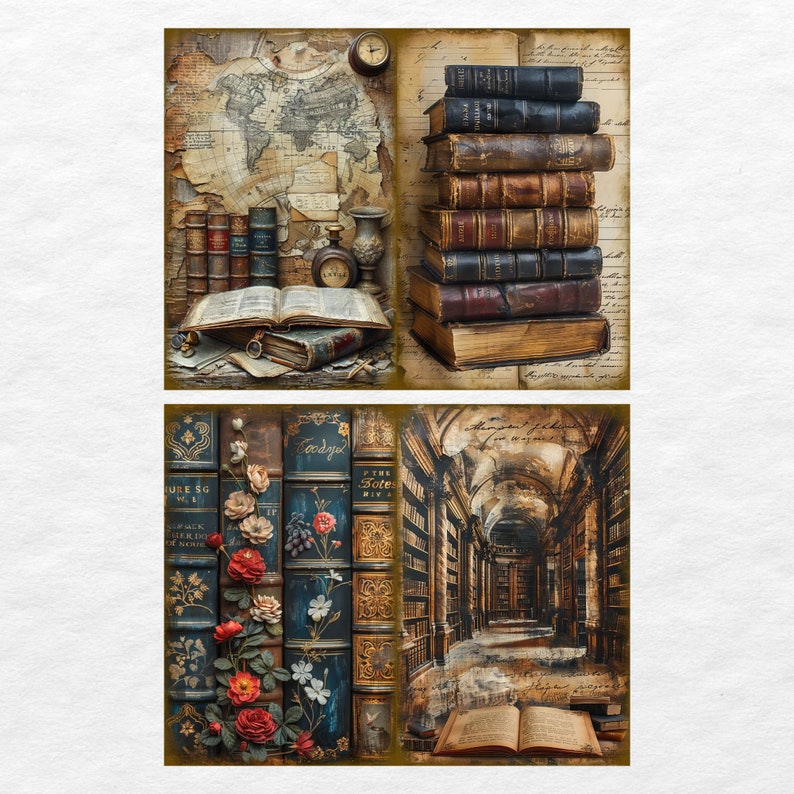 Vintage Books Junk Journal Pages, Digital Scrapbook Paper Kit ...