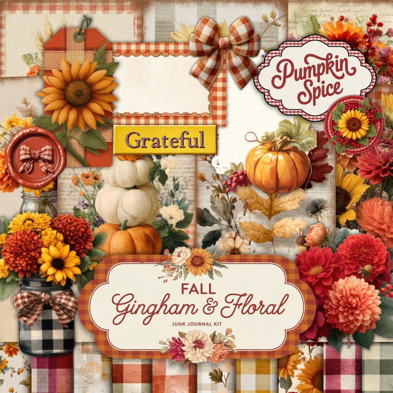 Digital Junk Journal Kit Fall Gingham Floral, Autumn Printable Ephemera ...