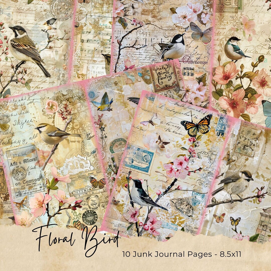 Vintage Bird Junk Journal Pages, Digital Floral Scrapbook Paper Kit ...