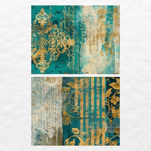 Teal and Gold Mixed Media Junk Journal Art Kit, Digital Papers ...