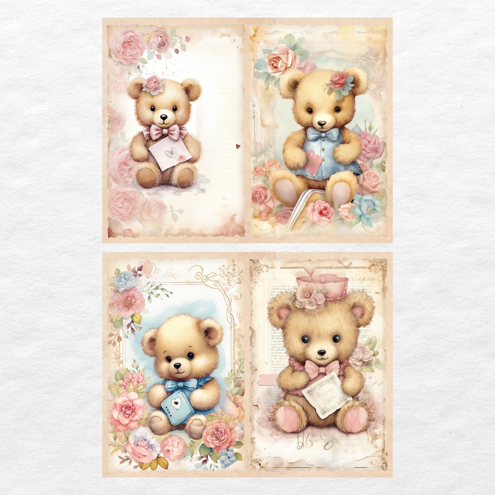 Watercolor Teddy Bear, Printable Junk Journal Pages, Cute Teddy Bear ...