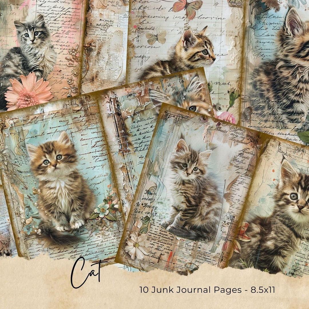 Watercolor Cat Junk Journal Printable Page, Kitten With Flowers Junk ...