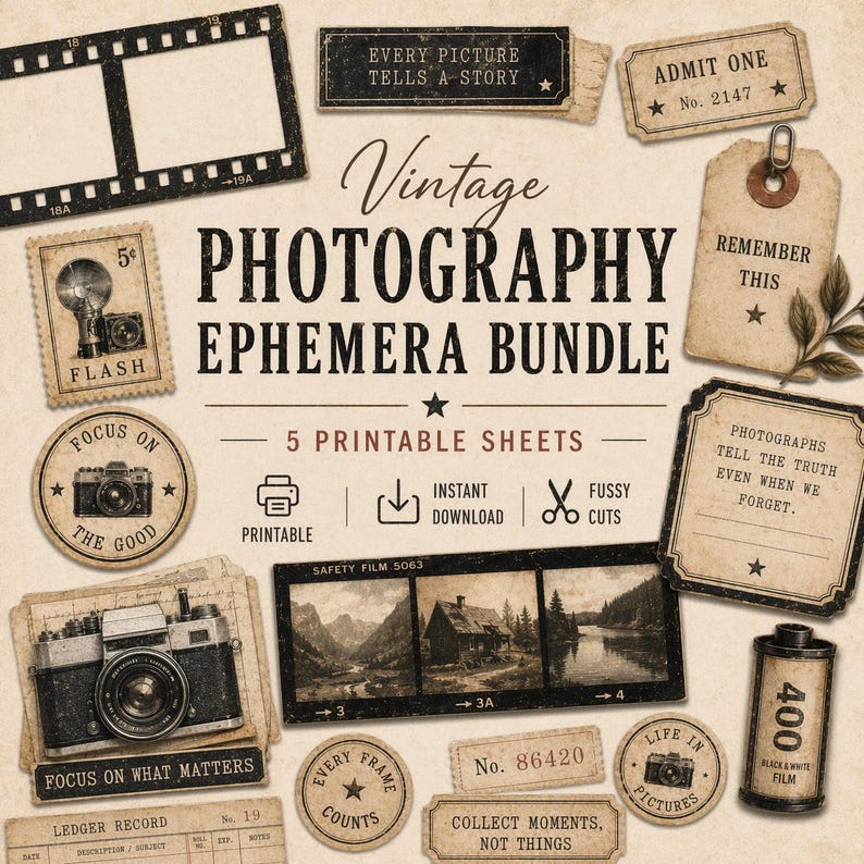 Vintage Photography Ephemera Bundle, Printable Camera Fussy Cuts, Junk ...