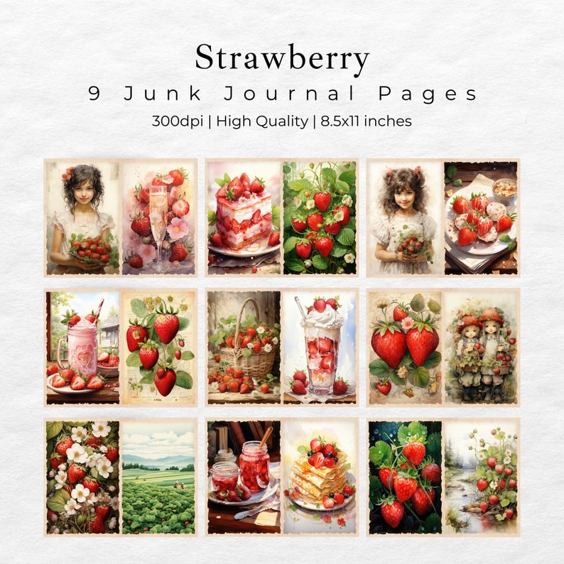 Strawberry Junk Journal Pages, Digital Scrapbook Paper, Printable ...