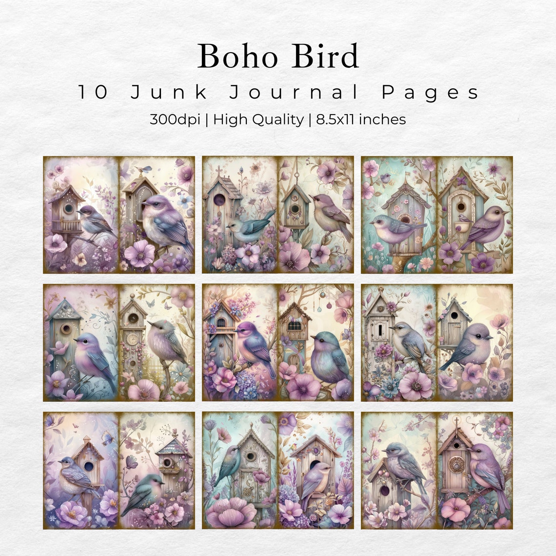 Vintage Bird Junk Journal Kit, Digital Floral Scrapbook Paper Kit ...