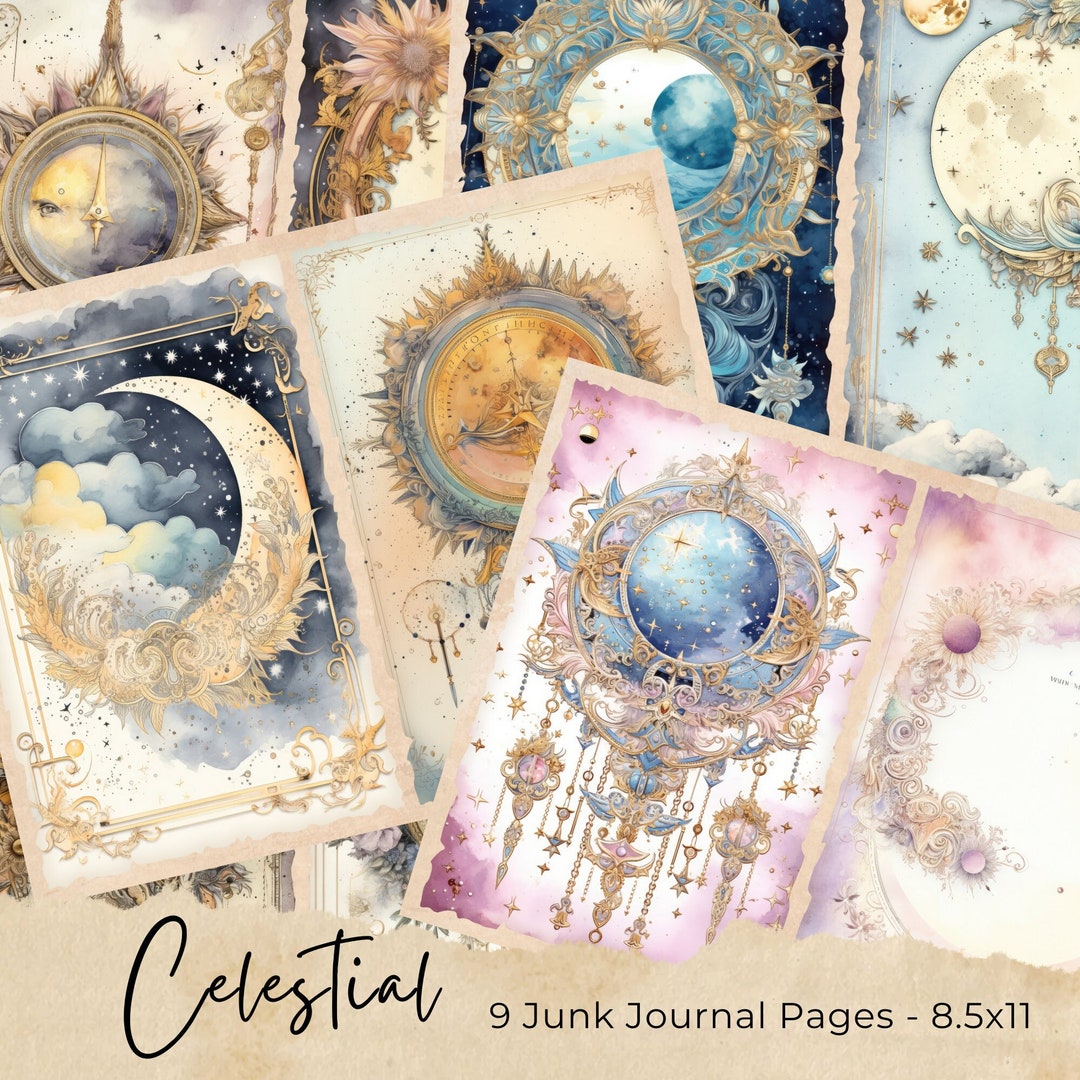 Celestial Moon Junk Journal Pages, Digital Scrapbook Paper Kit, Vintage ...