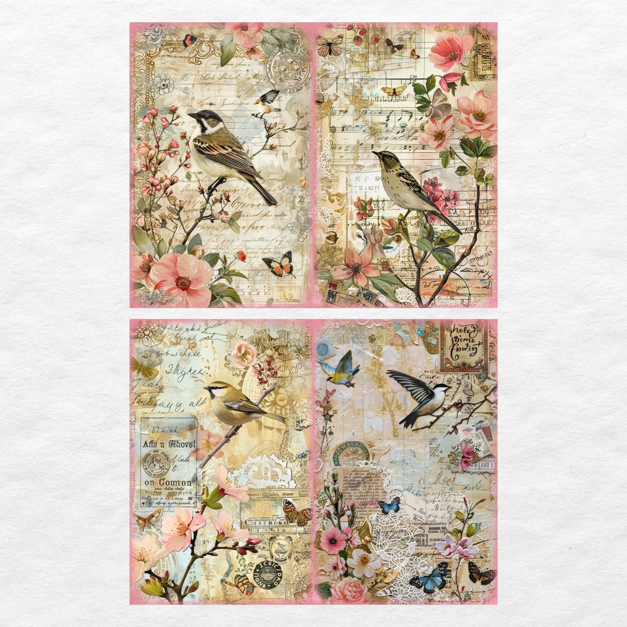 Vintage Bird Junk Journal Pages, Digital Floral Scrapbook Paper Kit ...